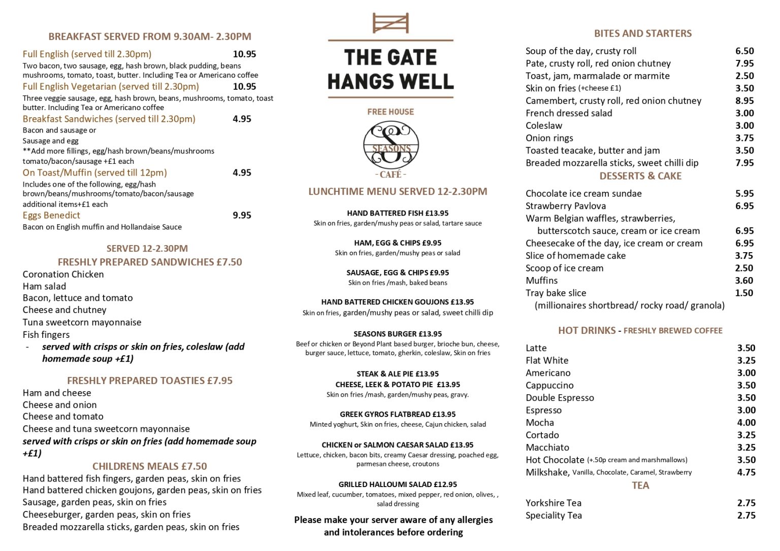 Menu – The Gate Hangs Well & Seasons Carlton Village